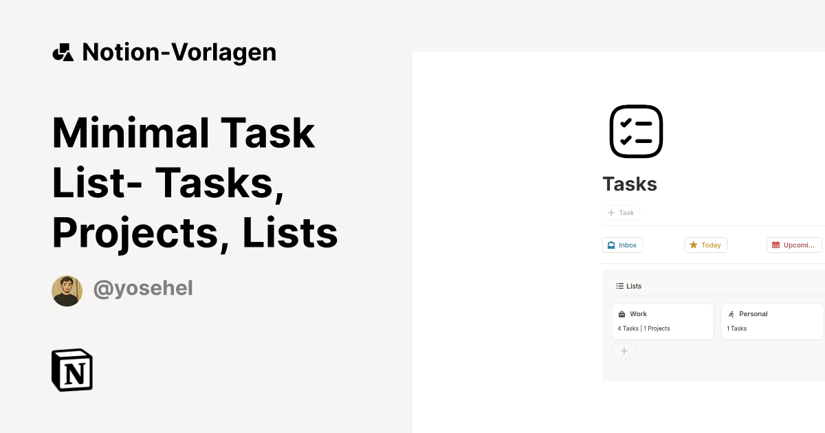 Minimal Task List- Tasks, Projects, Lists Vorlage von YoseHel | Notion-Marketplace