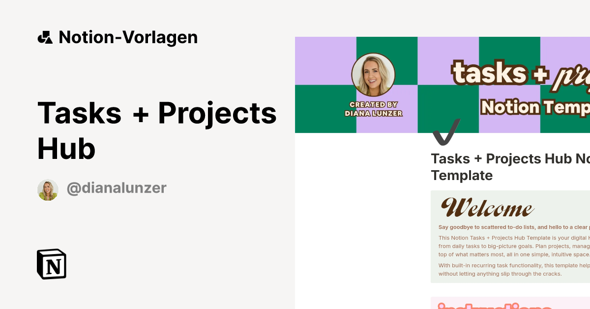 Tasks + Projects Hub Vorlage von Diana Lunzer | Notion-Marketplace
