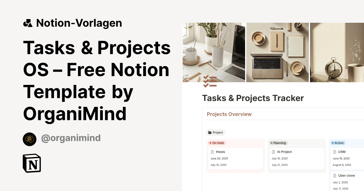 Tasks & Projects OS – Free Notion Template by OrganiMind Vorlage | Notion-Marketplace