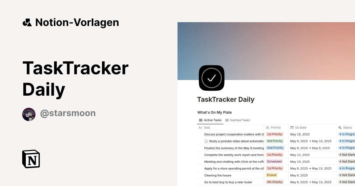 TaskTracker Daily Vorlage von Starsmoon | Notion-Marketplace