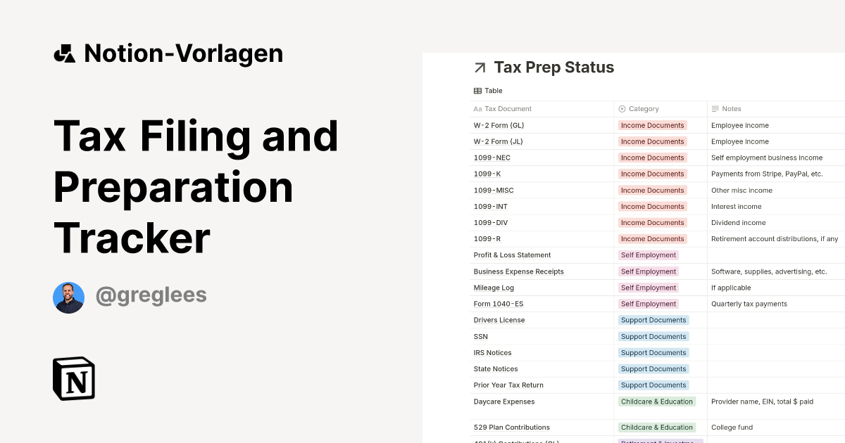 Tax Filing and Preparation Tracker Vorlage | Notion-Marketplace