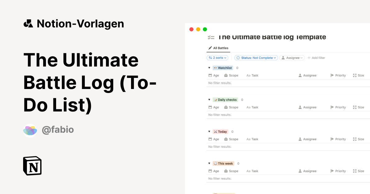 The Ultimate Battle Log (To-Do List) Vorlage von Fabio Longano | Notion ...