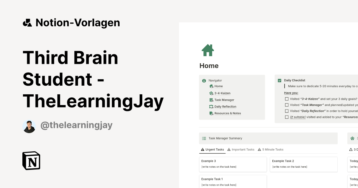 Third Brain Student - TheLearningJay Vorlage | Notion-Marketplace