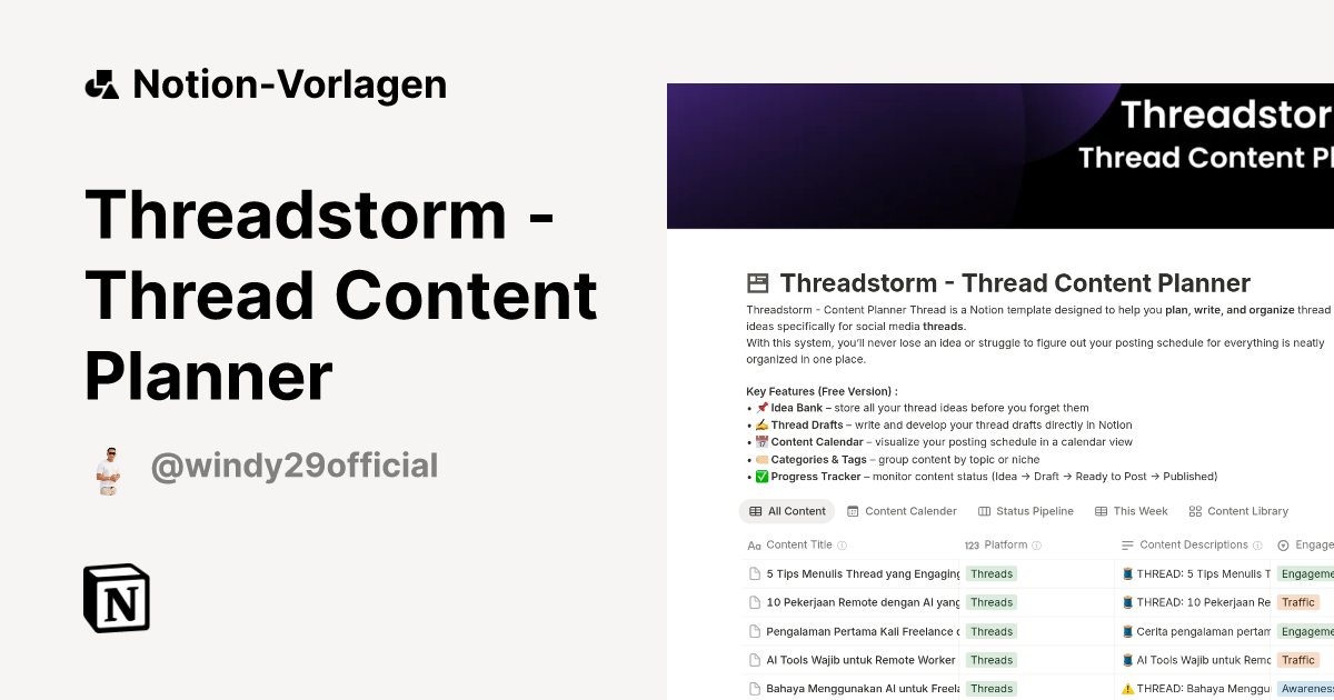 Threadstorm - Thread Content Planner Vorlage | Notion-Marketplace