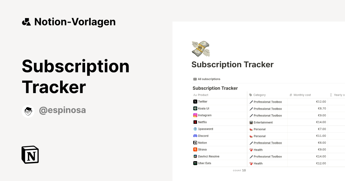 Subscription Tracker Vorlage | Notion-Marketplace