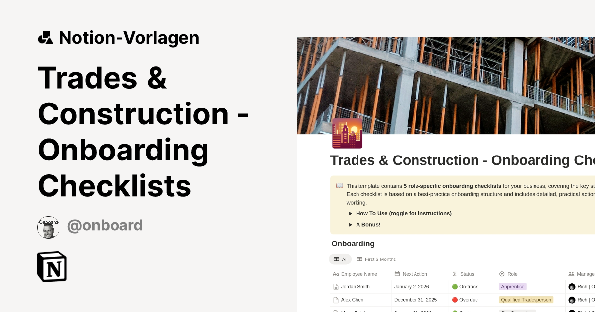 Trades & Construction - Onboarding Checklists Vorlage von Onboarding ...