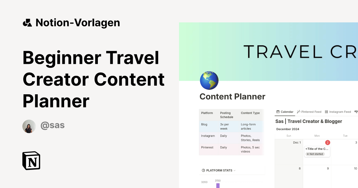 Beginner Travel Creator Content Planner Vorlage von Sasmini | Notion ...