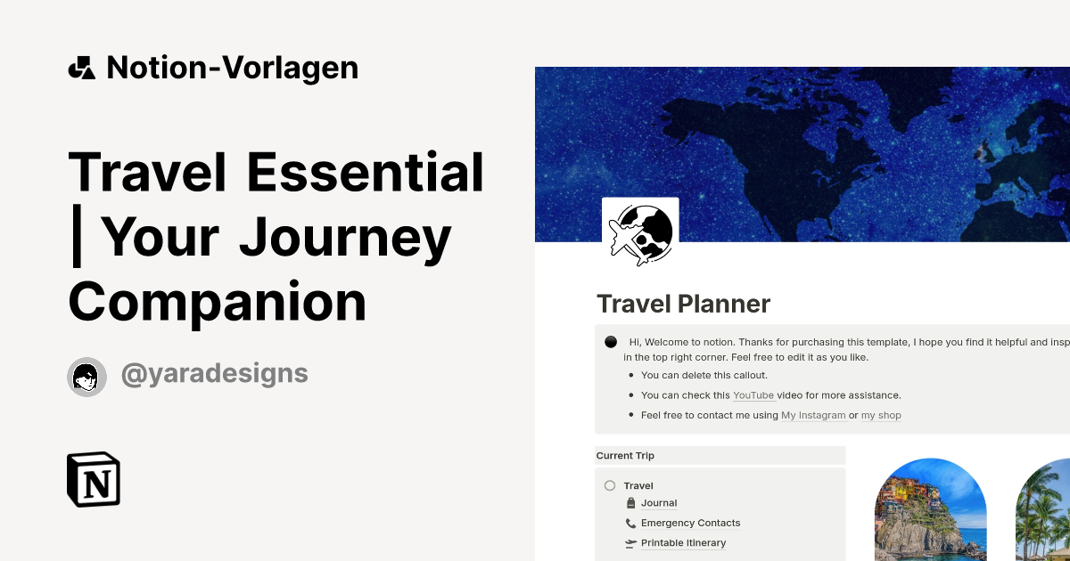 Travel Essential | Your Journey Companion Vorlage von YaraDesigns | Notion-Marketplace