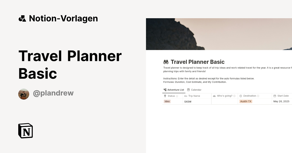 Travel Planner Basic Vorlage von PlanDrew | Notion-Marketplace