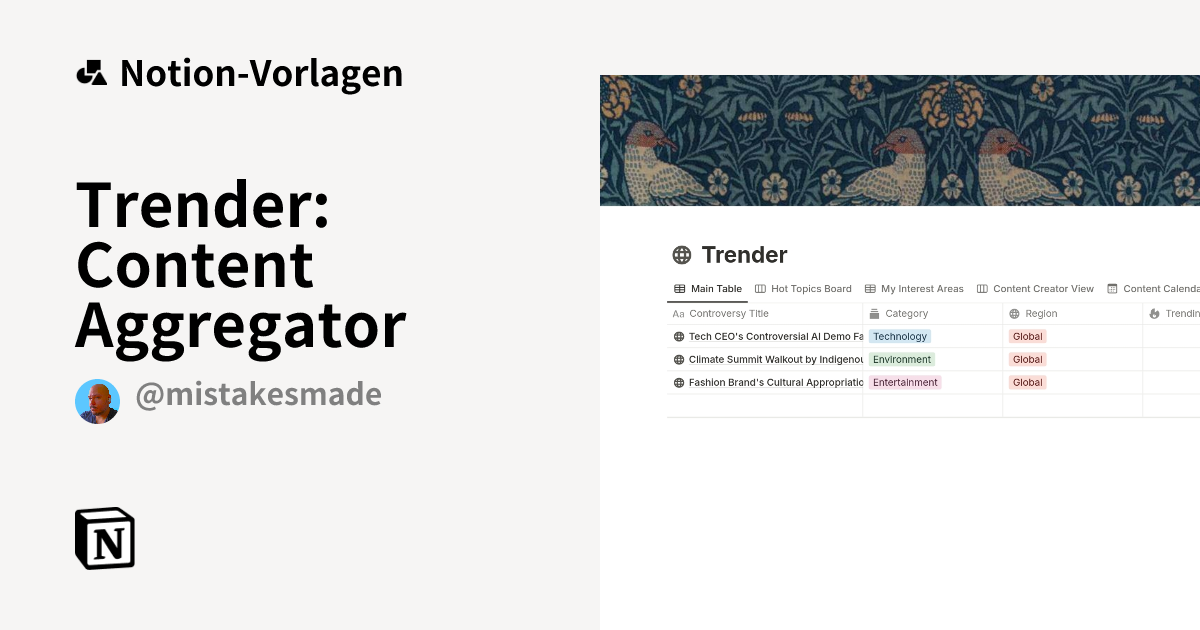 Trender: Content Aggregator Vorlage von Mistakes Made | Notion-Marketplace
