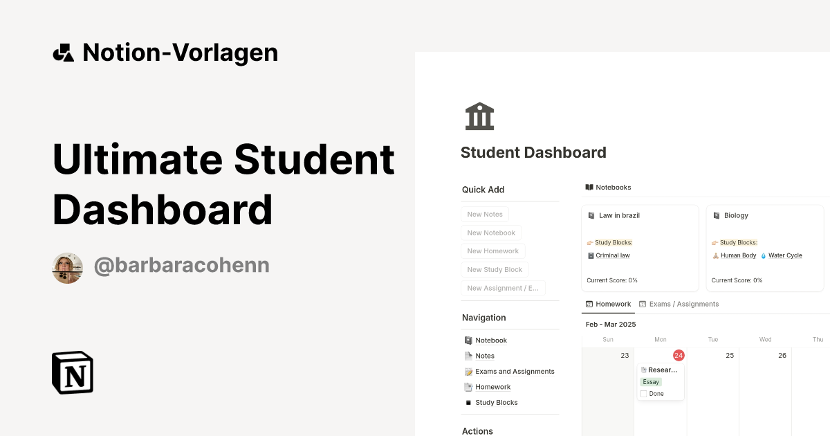 Ultimate Student Dashboard Vorlage | Notion-Marketplace