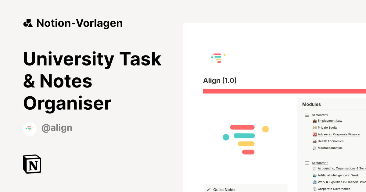 University Task & Notes Organiser Vorlage von align | Notion-Marketplace