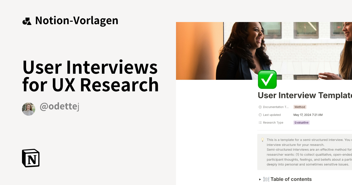 User Interviews for UX Research Vorlage von Odette Jansen | Notion ...