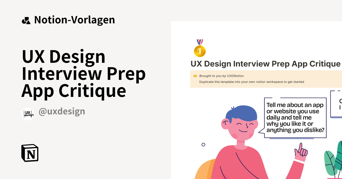 UX Design Interview Prep App Critique Vorlage von UXD | Notion-Marketplace