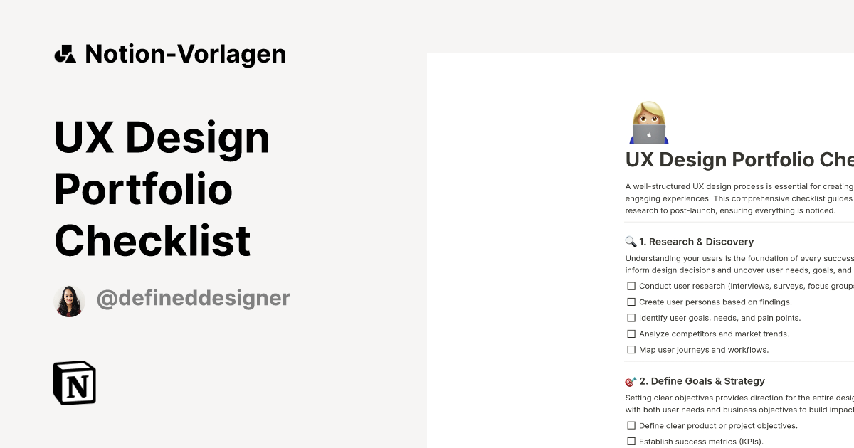 UX Design Portfolio Checklist Vorlage | Notion-Marketplace
