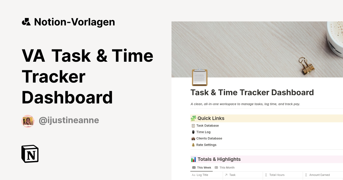 VA Task & Time Tracker Dashboard Vorlage | Notion-Marketplace