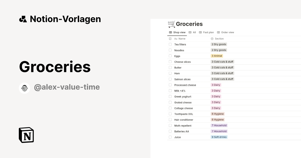 Groceries Vorlage von Alex Value Time | Notion-Marketplace