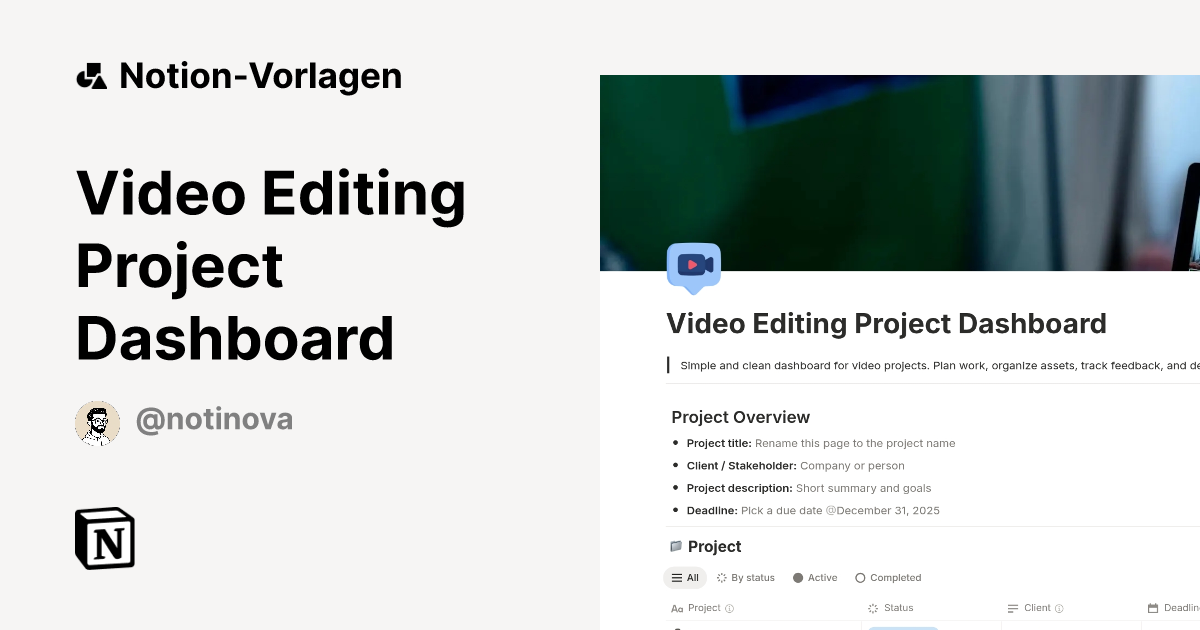Video Editing Project Dashboard Vorlage von NotiNova | Notion-Marketplace