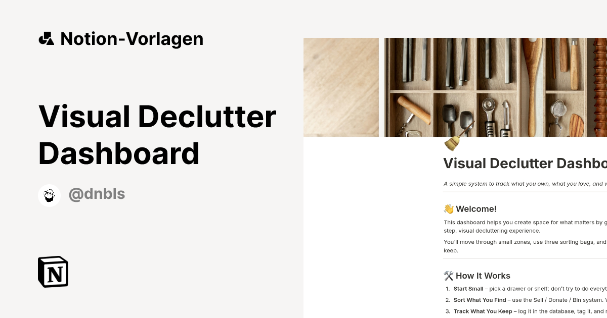 Visual Declutter Dashboard Vorlage | Notion-Marketplace