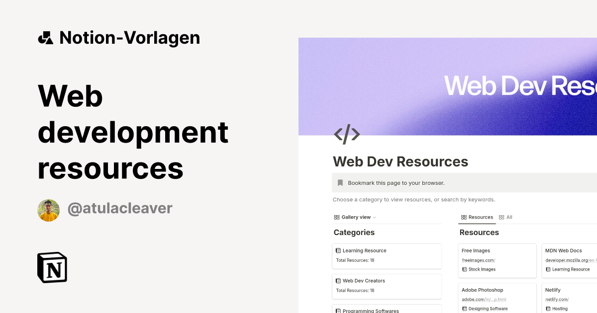 Web development resources Vorlage von Atul | Notion4Creators | Notion-Marketplace
