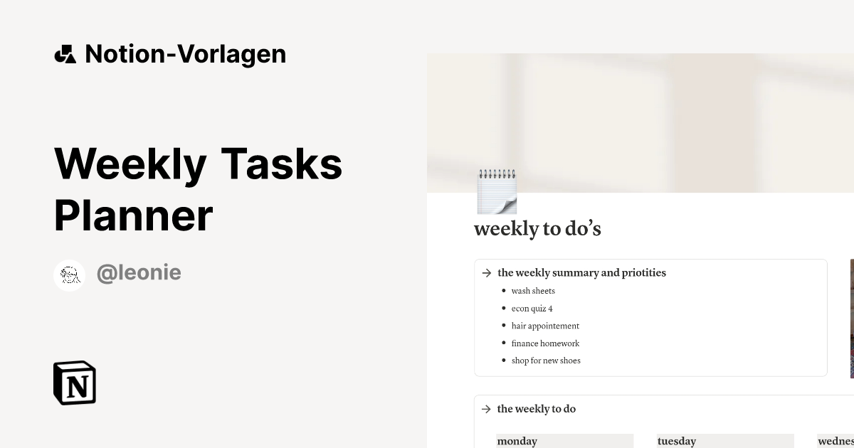 Weekly tasks planner Vorlage | Notion-Marketplace