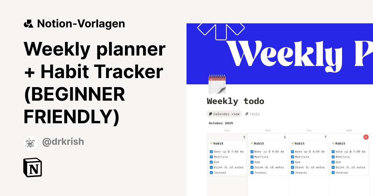Weekly planner + Habit Tracker (BEGINNER FRIENDLY) Vorlage | Notion-Marketplace