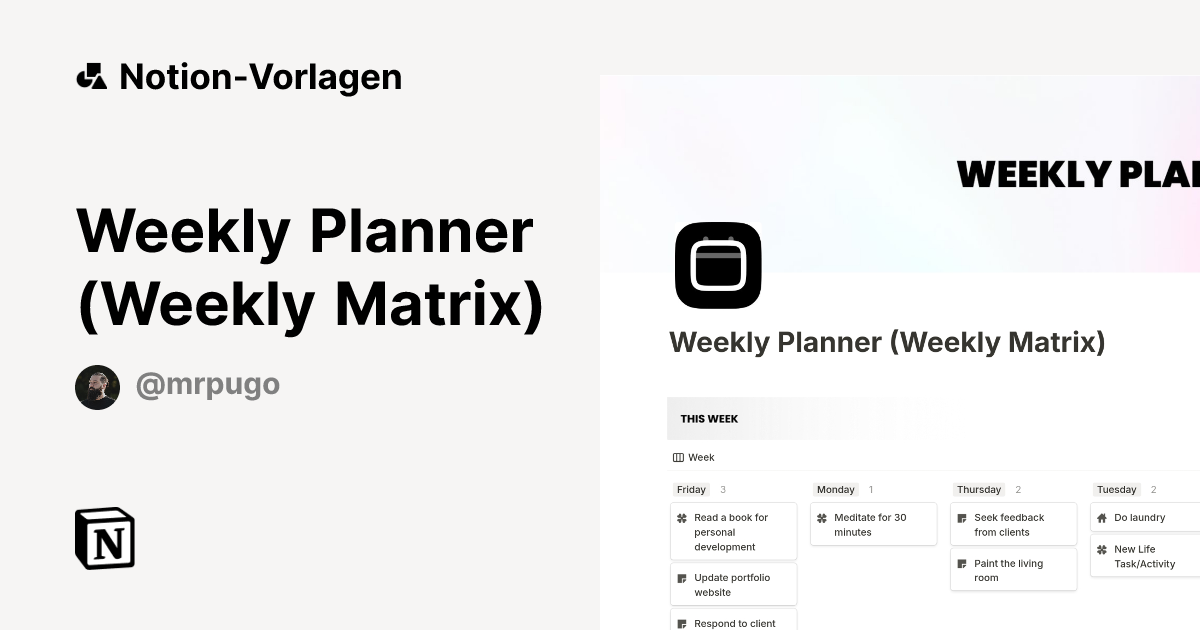 Weekly Planner (Weekly Matrix) Vorlage von mrpugo | Notion-Marketplace
