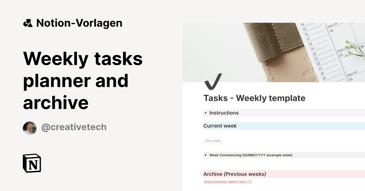 Weekly tasks planner and archive Vorlage von Rowan's Creative Tech | Notion-Marketplace