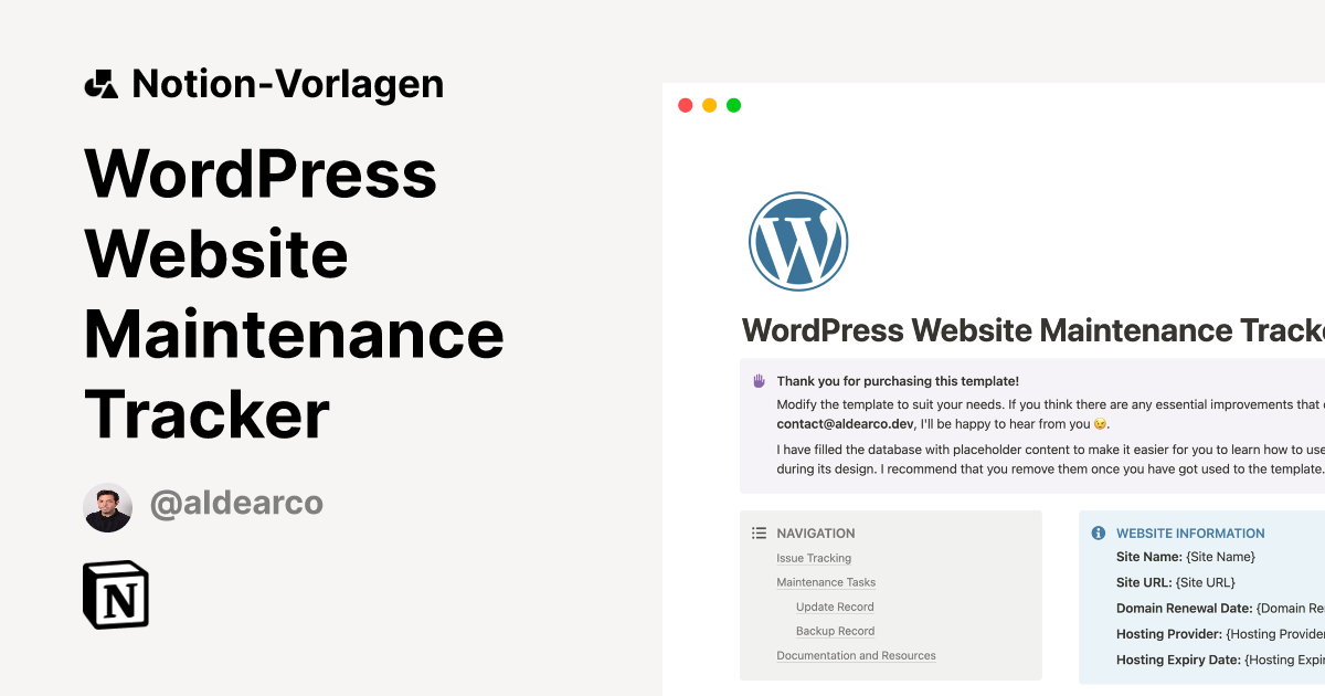 WordPress Website Maintenance Tracker Vorlage von Alberto del Arco | Notion-Marketplace