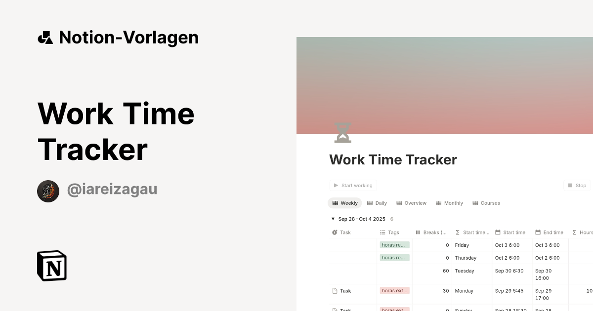 Work Time Tracker Vorlage von iareizagau | Notion-Marketplace
