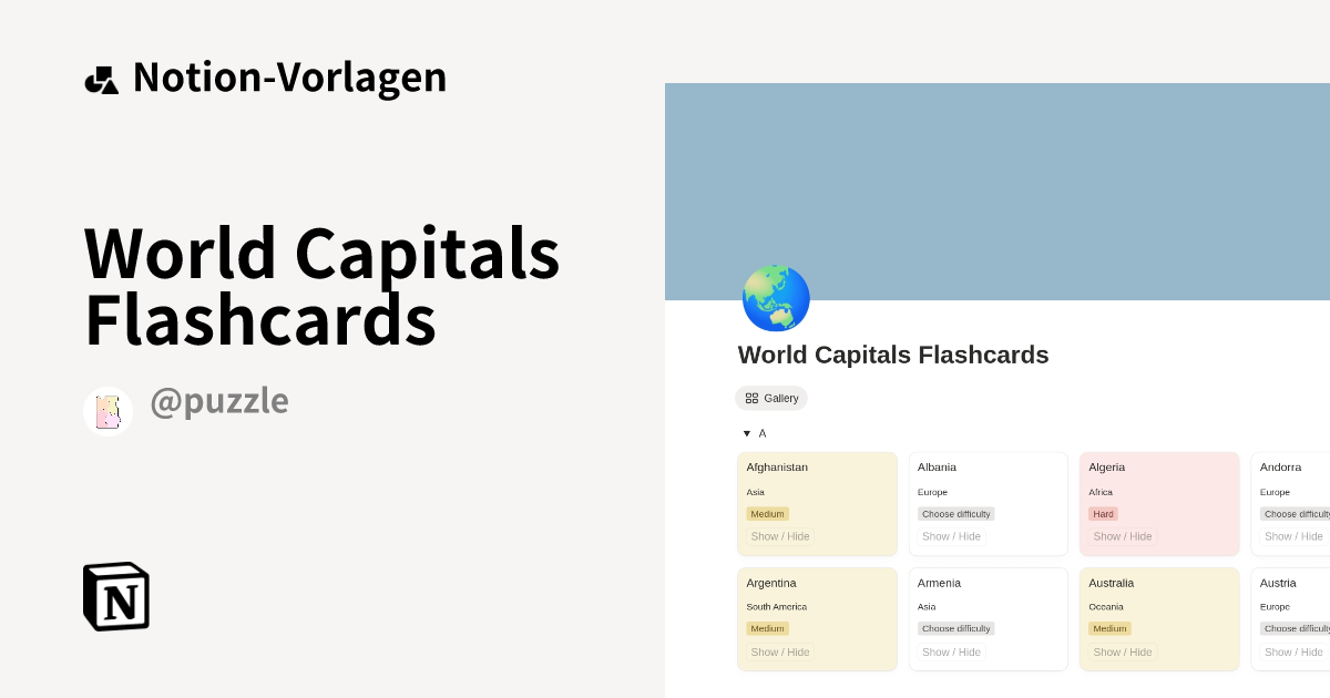 World Capitals Flashcards Vorlage | Notion-Marketplace