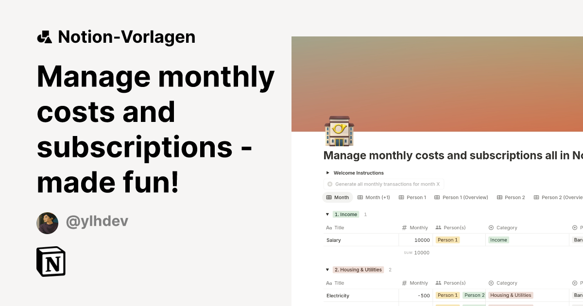 Manage monthly costs and subscriptions - made fun! Vorlage von ylhdev | Notion-Marketplace