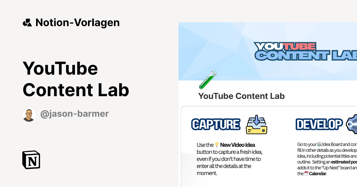 YouTube Content Lab Vorlage von Jason Barmer | Notion-Marketplace