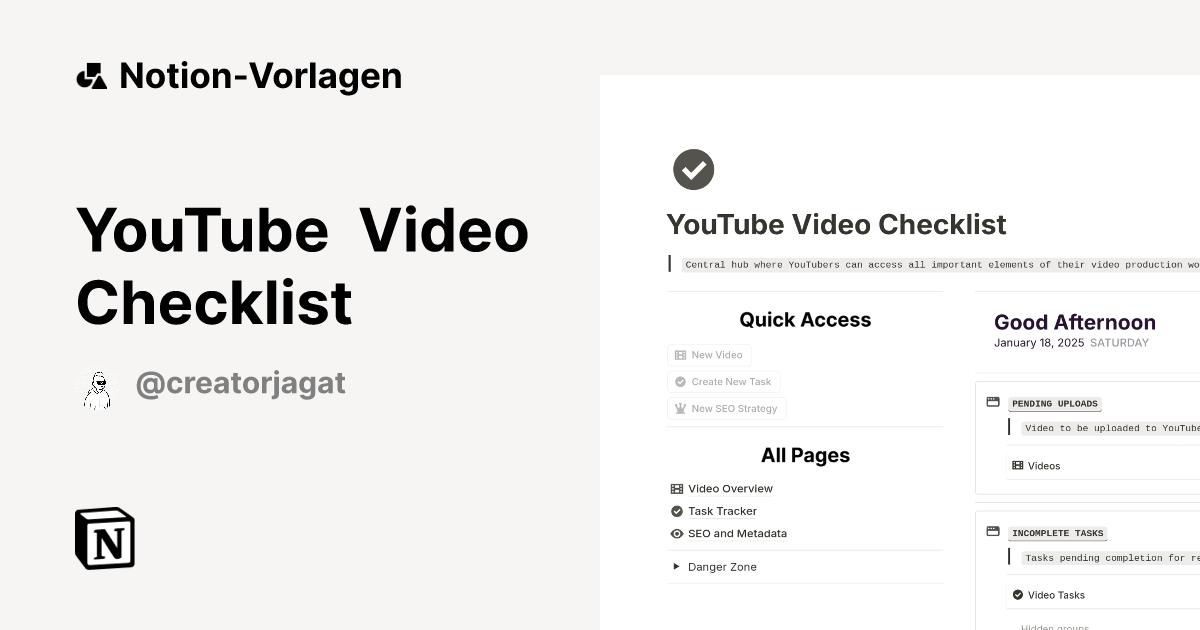 YouTube Video Checklist Vorlage von CreatorJagat | Notion-Marketplace