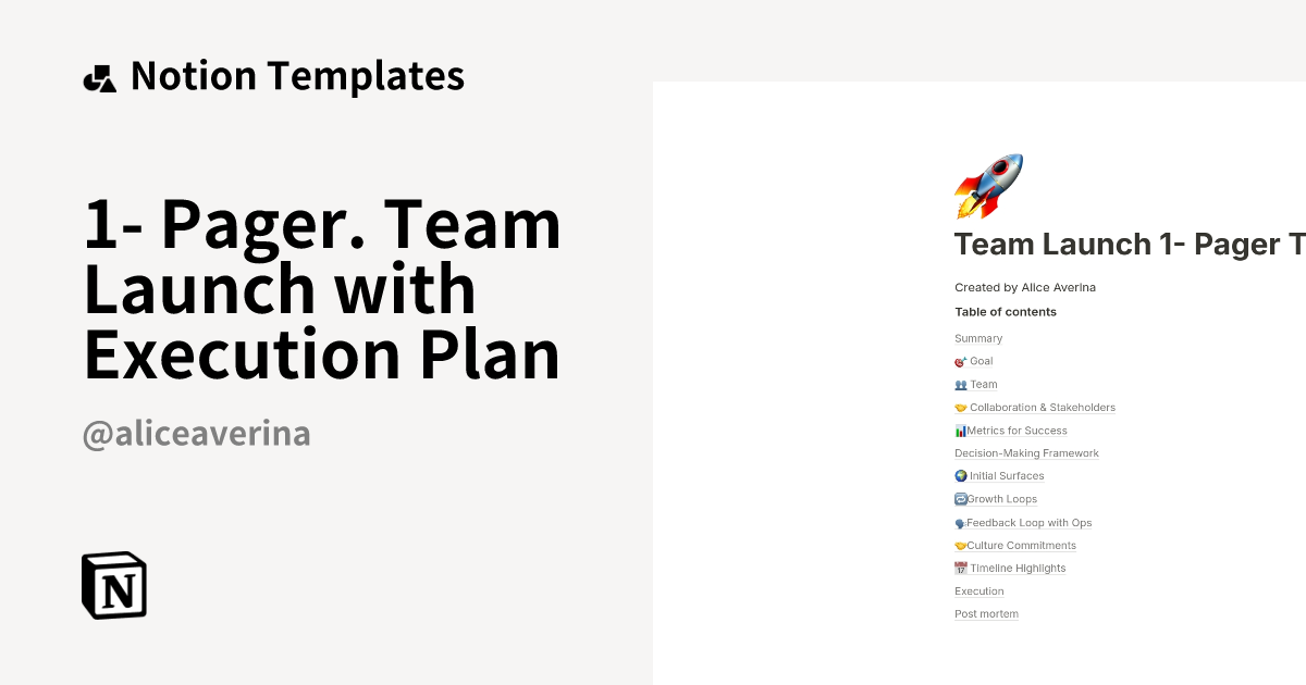 1- Pager. Team Launch with Execution Plan Template by Alice Averina ...