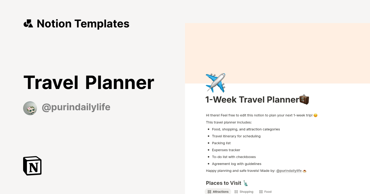 Travel Planner Template by Purin | Notion Marketplace