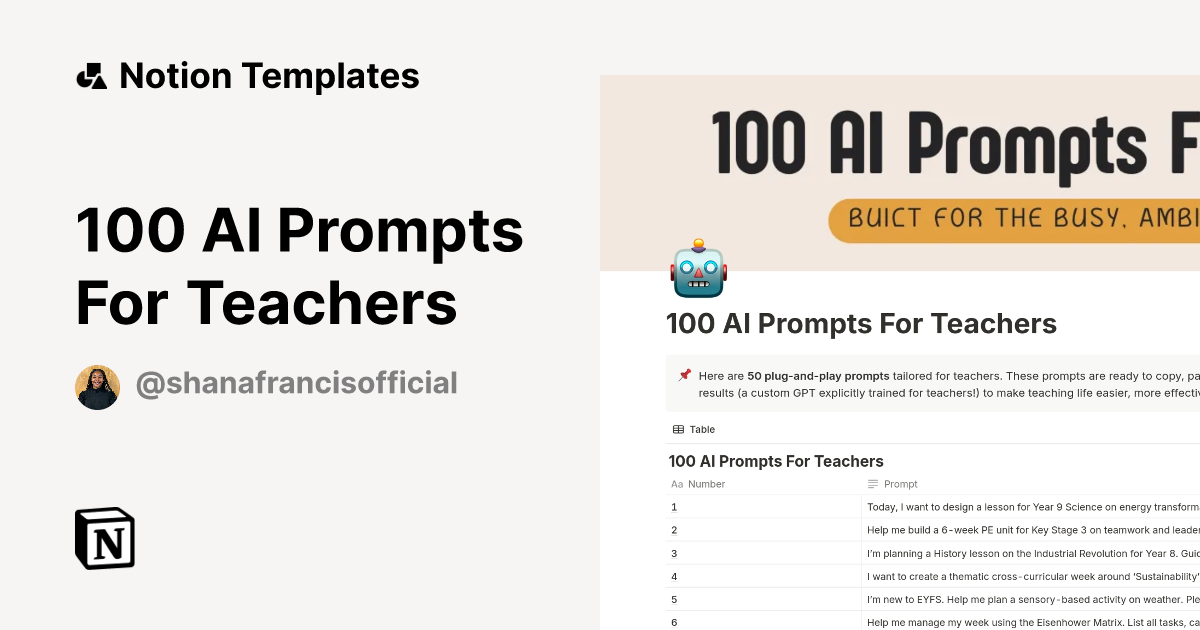 100 AI Prompts For Teachers Template | Notion Marketplace