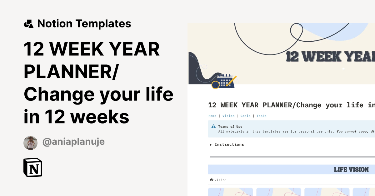12 WEEK YEAR PLANNER/Change your life in 12 weeks Template by Ania ...