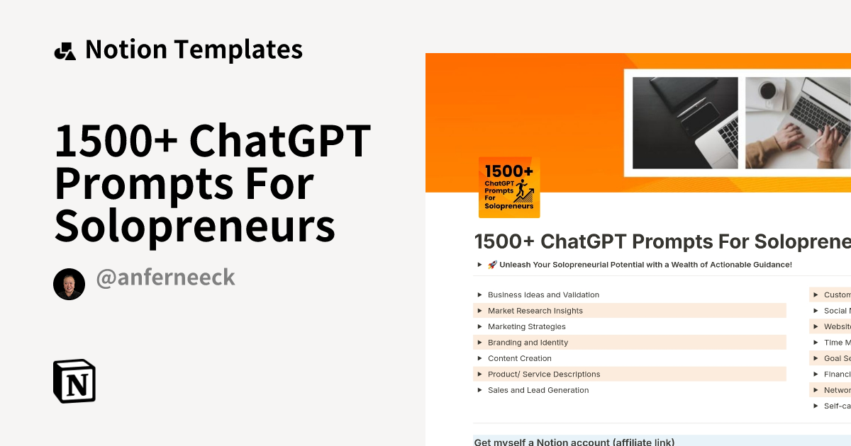 1500+ ChatGPT Prompts For Solopreneurs Template by Anfernee | Notion Marketplace