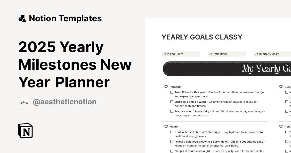 2025 Yearly Milestones New Year Planner Template by My Aesthetic Notion ...