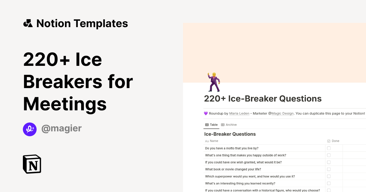 220+ Ice Breakers for Meetings Template | Notion Marketplace