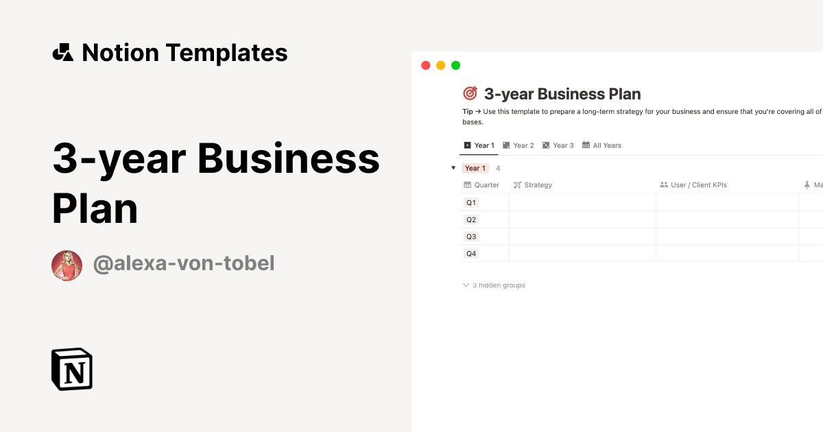 3-year Business Plan Template by Alexa von Tobel | Notion Marketplace