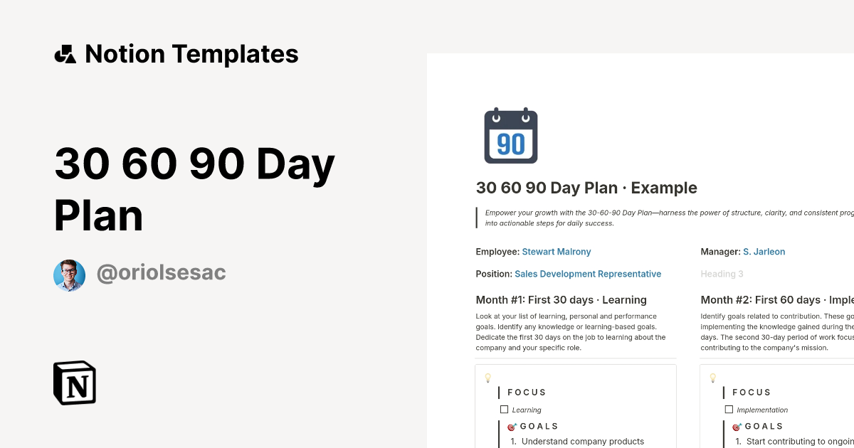 30 60 90 Day Plan Template by Oriol Sesac | Notion Marketplace