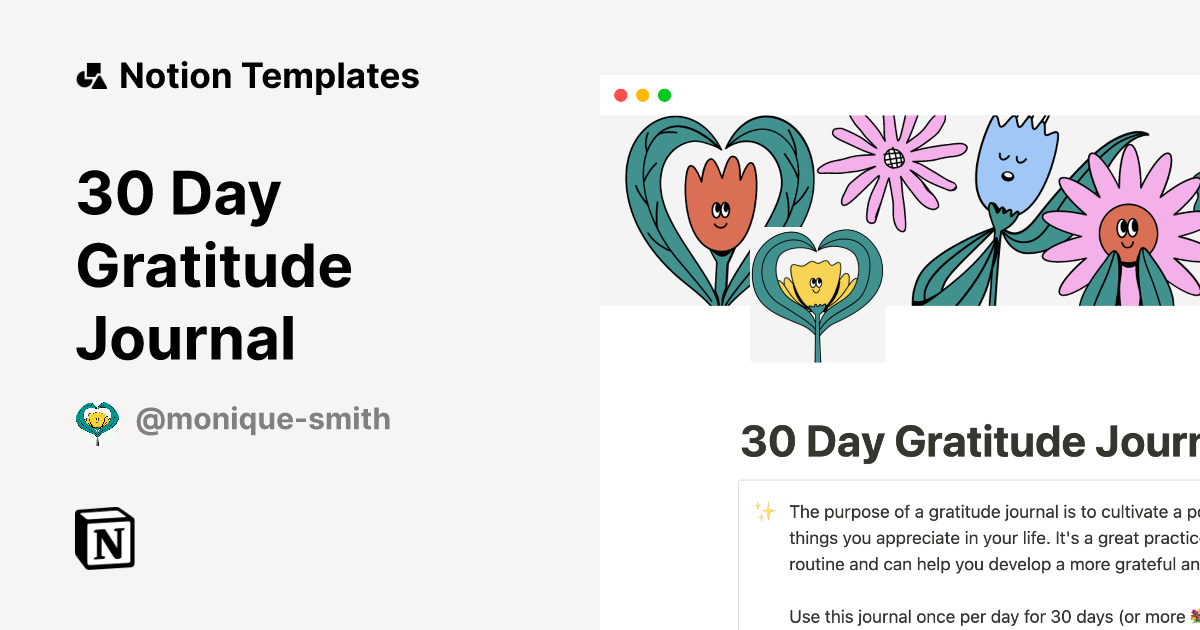 30 Day Gratitude Journal Template by Monique Smith | Notion Marketplace