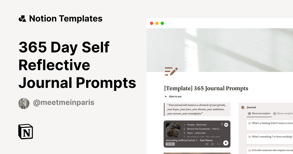 365 Day Self Reflective Journal Prompts Template | Notion Marketplace