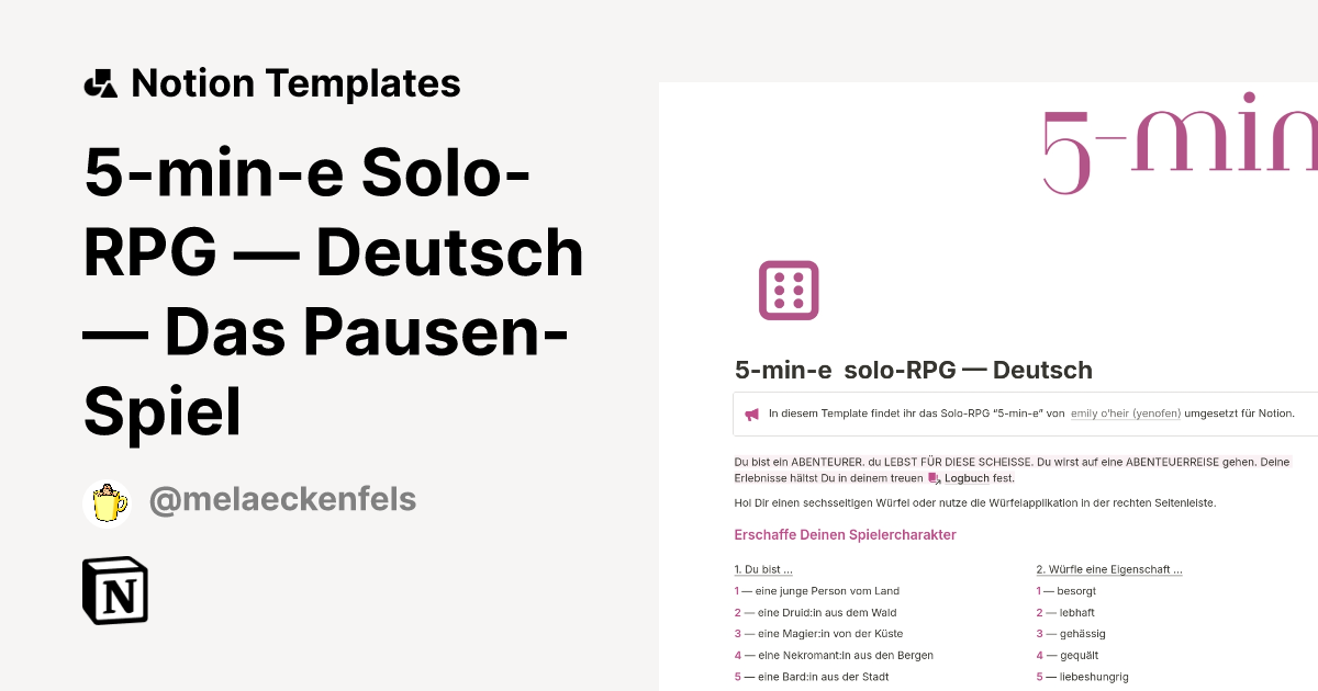 5-min-e Solo-RPG — Deutsch — Das Pausen-Spiel Template by Mela | Notion Marketplace