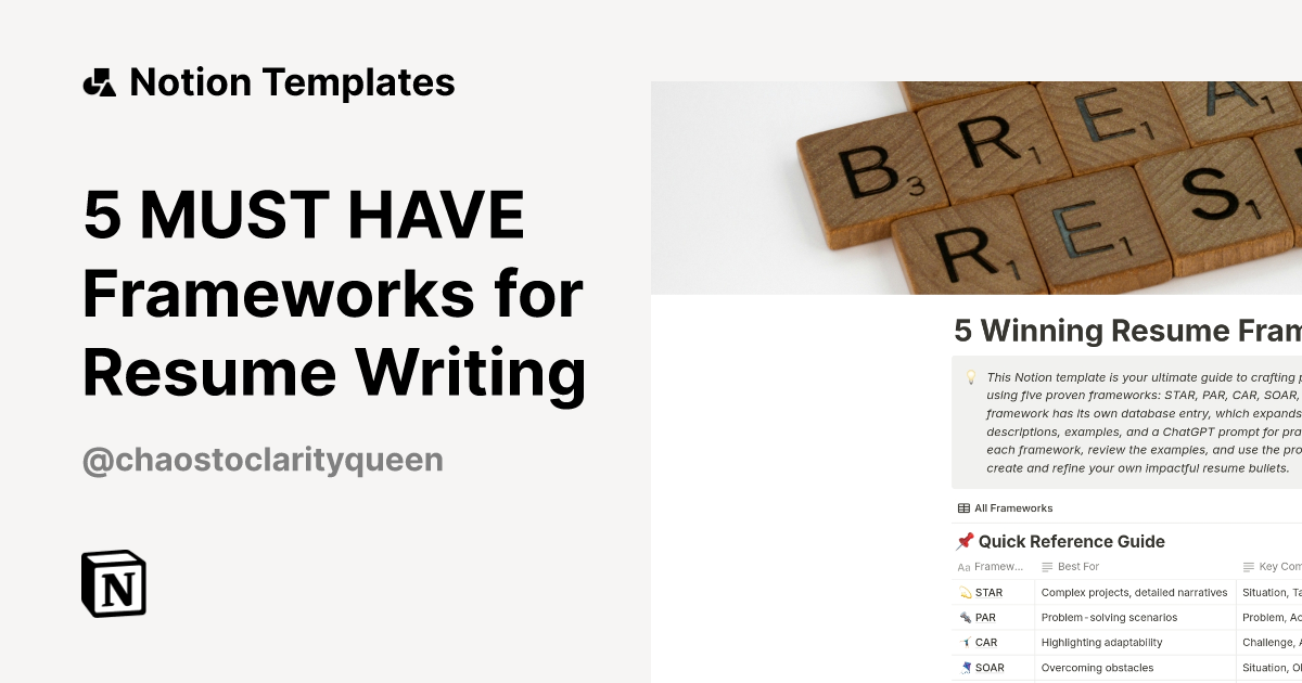5 MUST HAVE Frameworks for Resume Writing Template by Chaos to Clarity | Notion Marketplace