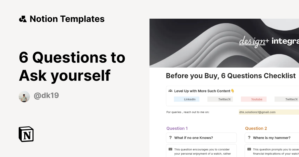 6 Questions to Ask yourself Template by Dhruv Kumar | Notion Marketplace
