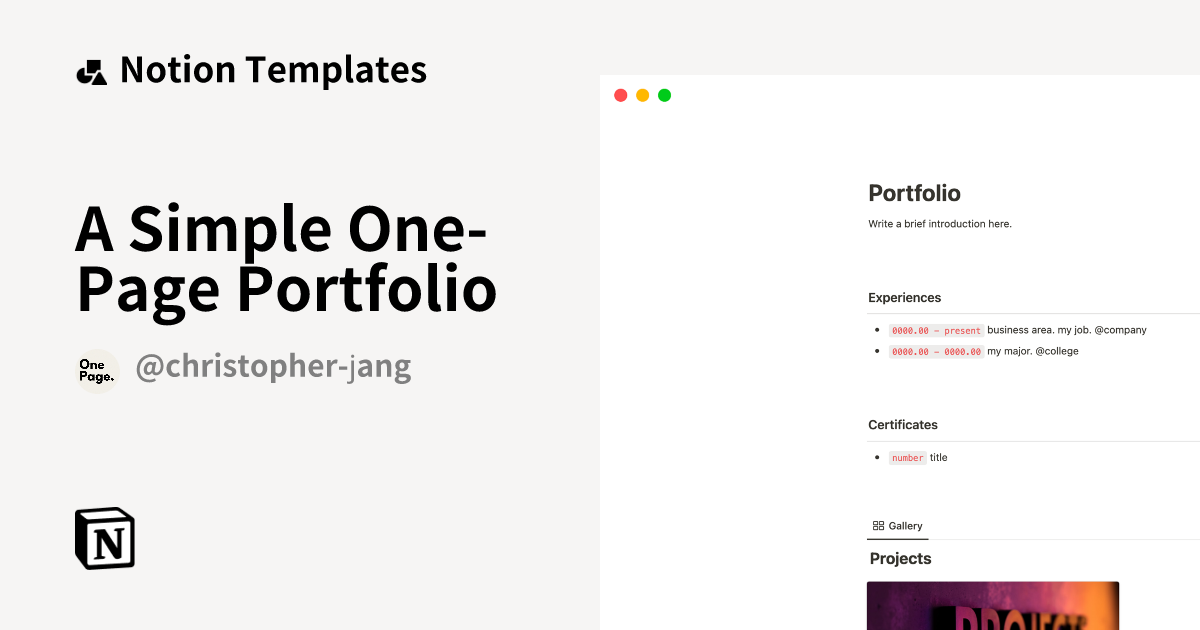 A Simple One-Page Portfolio Template by Christopher Jang | Notion ...