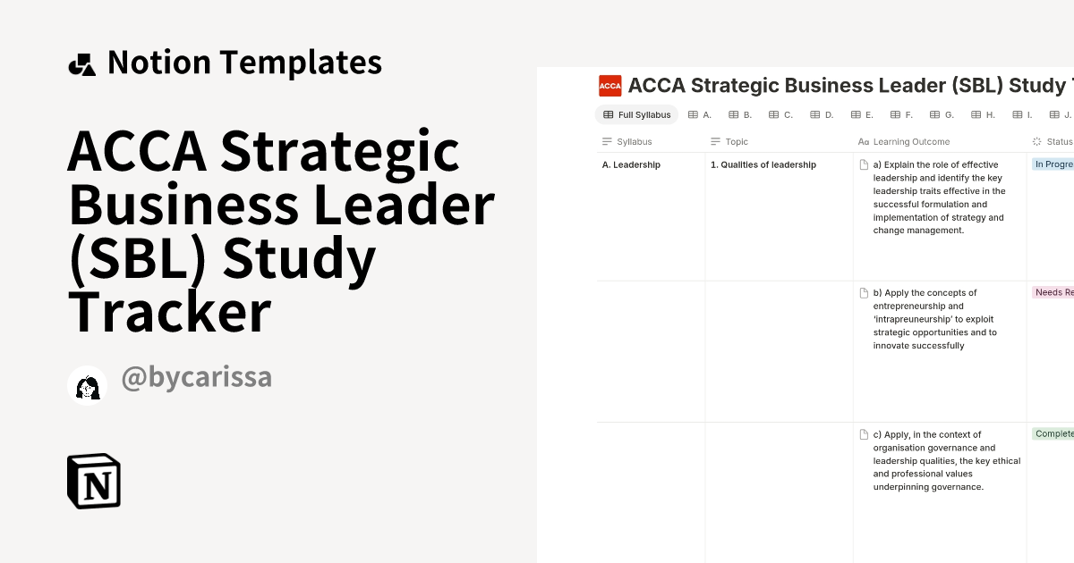 ACCA Strategic Business Leader (SBL) Study Tracker Template | Notion ...